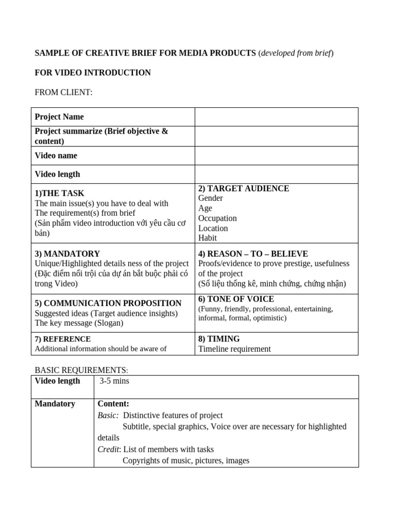 Sample of Creative Brief of Media Production Process- Video ...