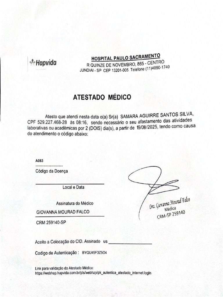 Atestado Médico - Samara | PDF
