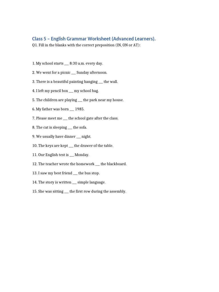 Class 5 Prepositions Worksheet Advanced | PDF