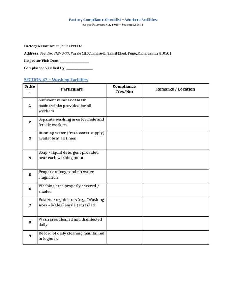 Factory Compliance Checklist for Workers | PDF