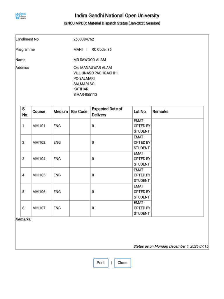 IGNOU_ Student Material Status | PDF