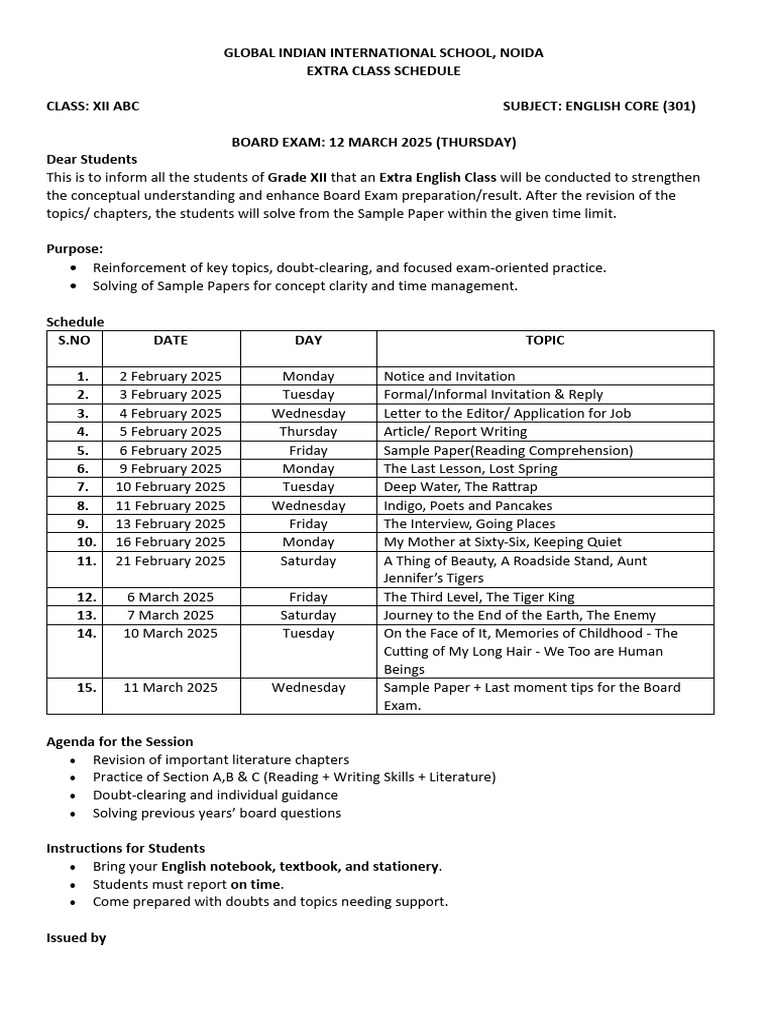 Xii ABC English Extra Class Schedule | PDF