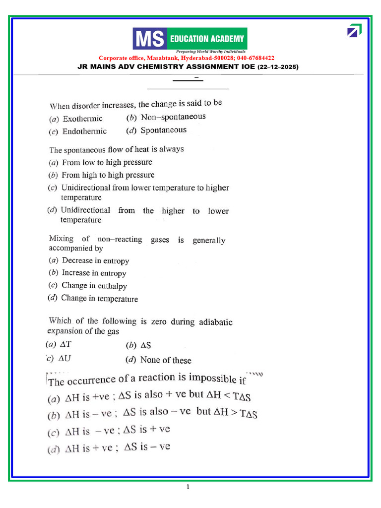 Jr Mains Adv Chemistry Assignments Ioe (22!12!25) Final | PDF