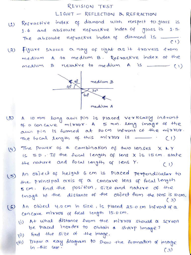 Light Reflection and Refraction Test | PDF