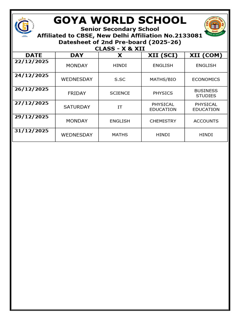 GOYA World School Pre-board Datesheet 2025 | PDF