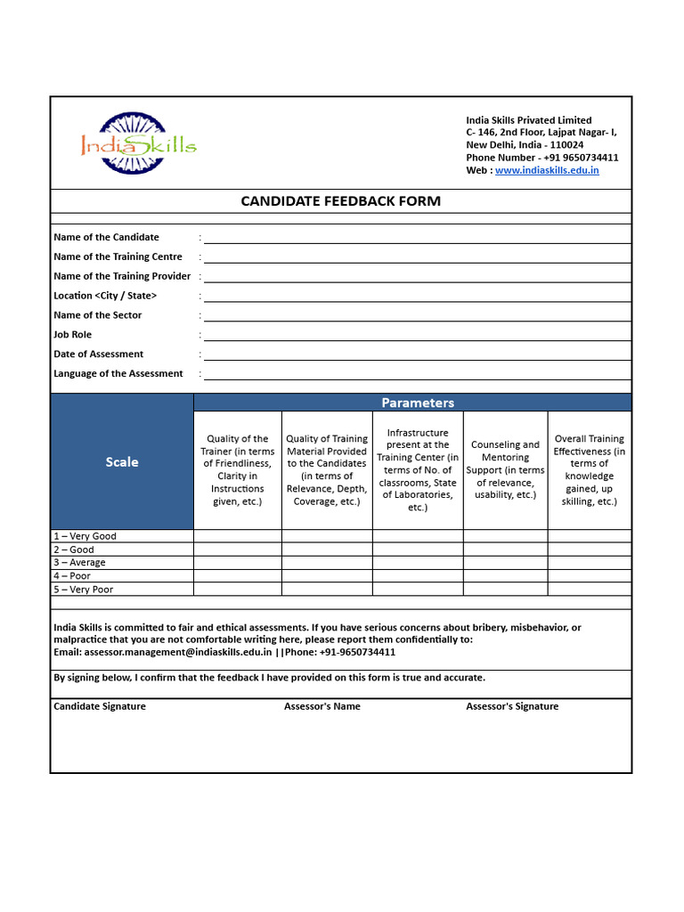 India Skills Candidate Feedback Form | PDF | Human Communication | Learning