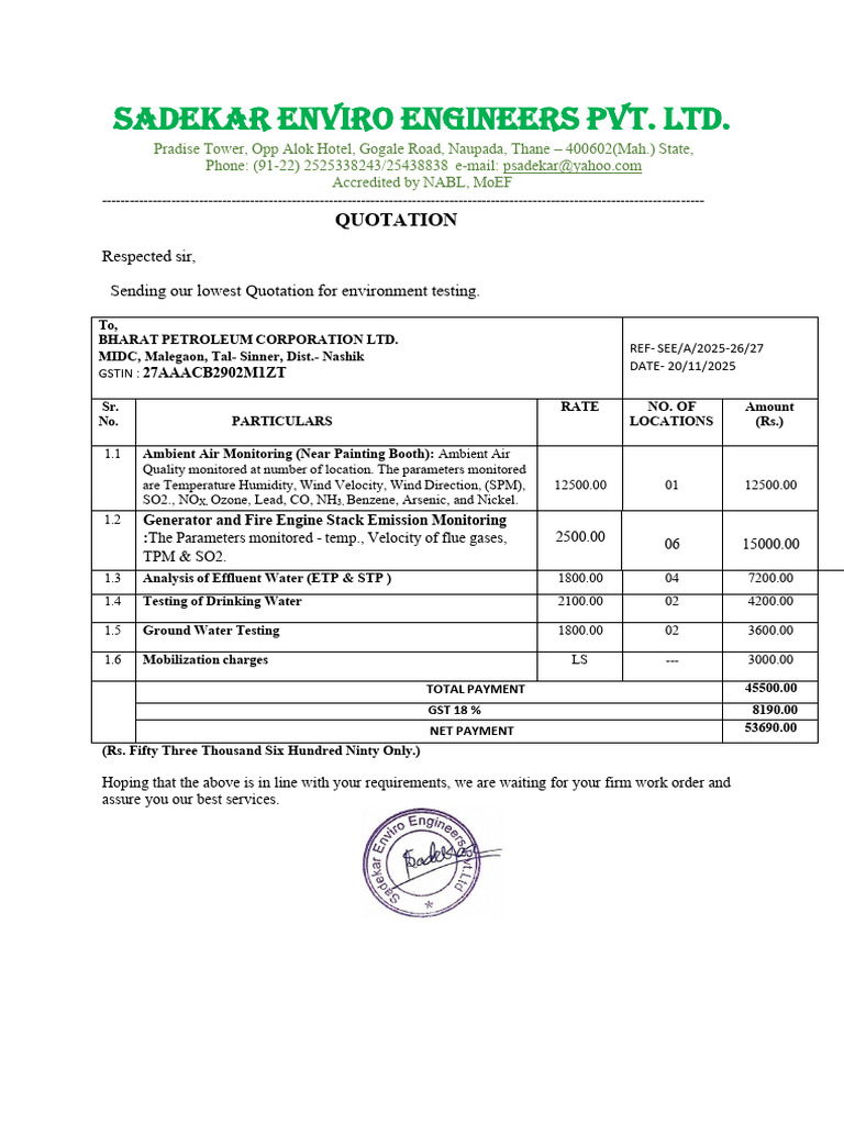 Sadekar Enviro Engineers Pvt-q | PDF | Human Impact On The Environment ...