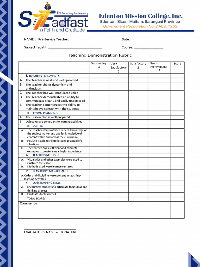 Pre-Service Teacher Evaluation Rubric | PDF