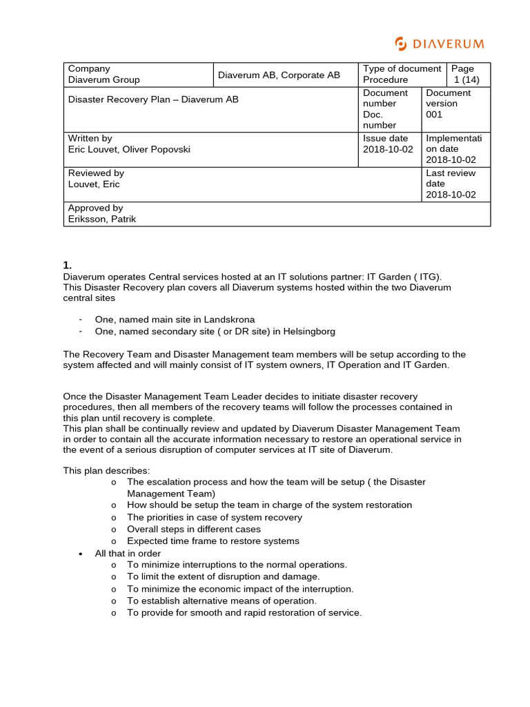 Disaster Recovery Plan Diaverum AB | PDF | Backup | Databases