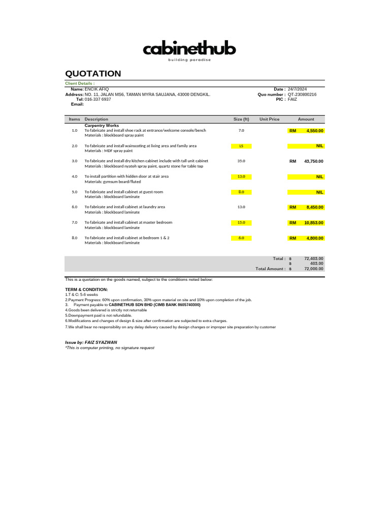 Quotation Cabinet Company | PDF | Drywall | Electrical Wiring