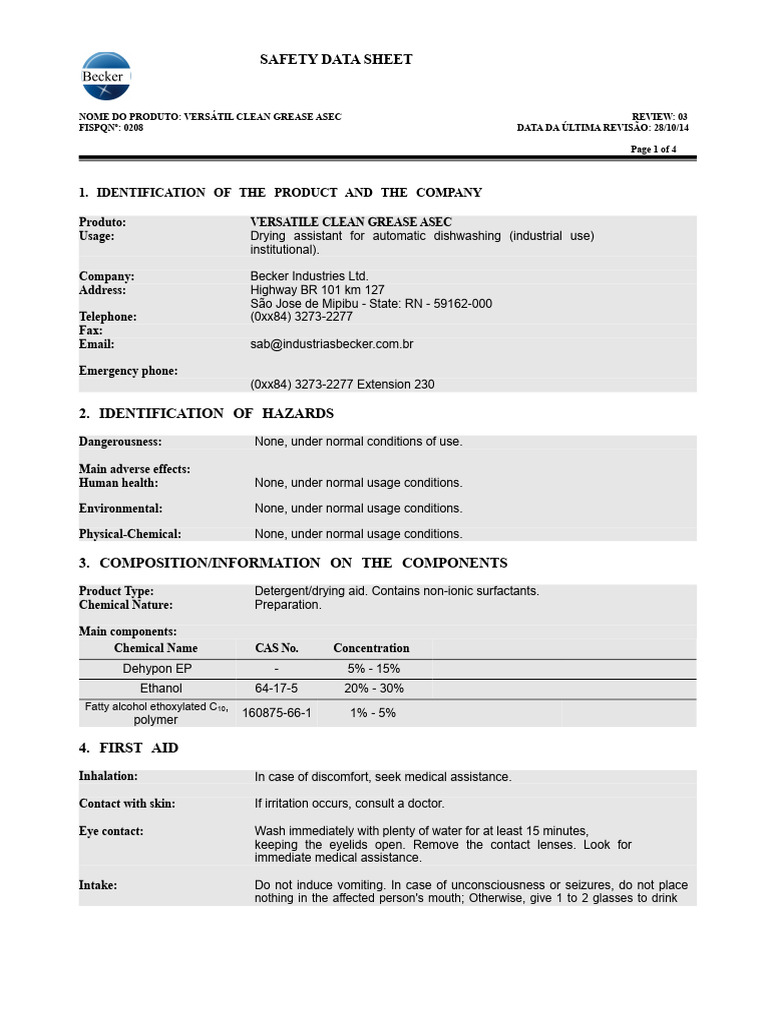 Versatile Clean Grease ASEC Safety Data Sheet | PDF | Waste | Water