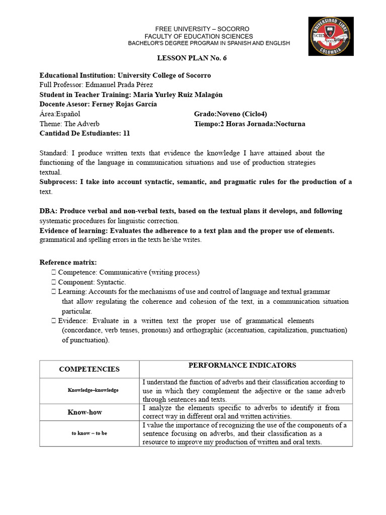 Lesson Plan 6. The Adverb and Its Parts | PDF | Adverb | Adjective