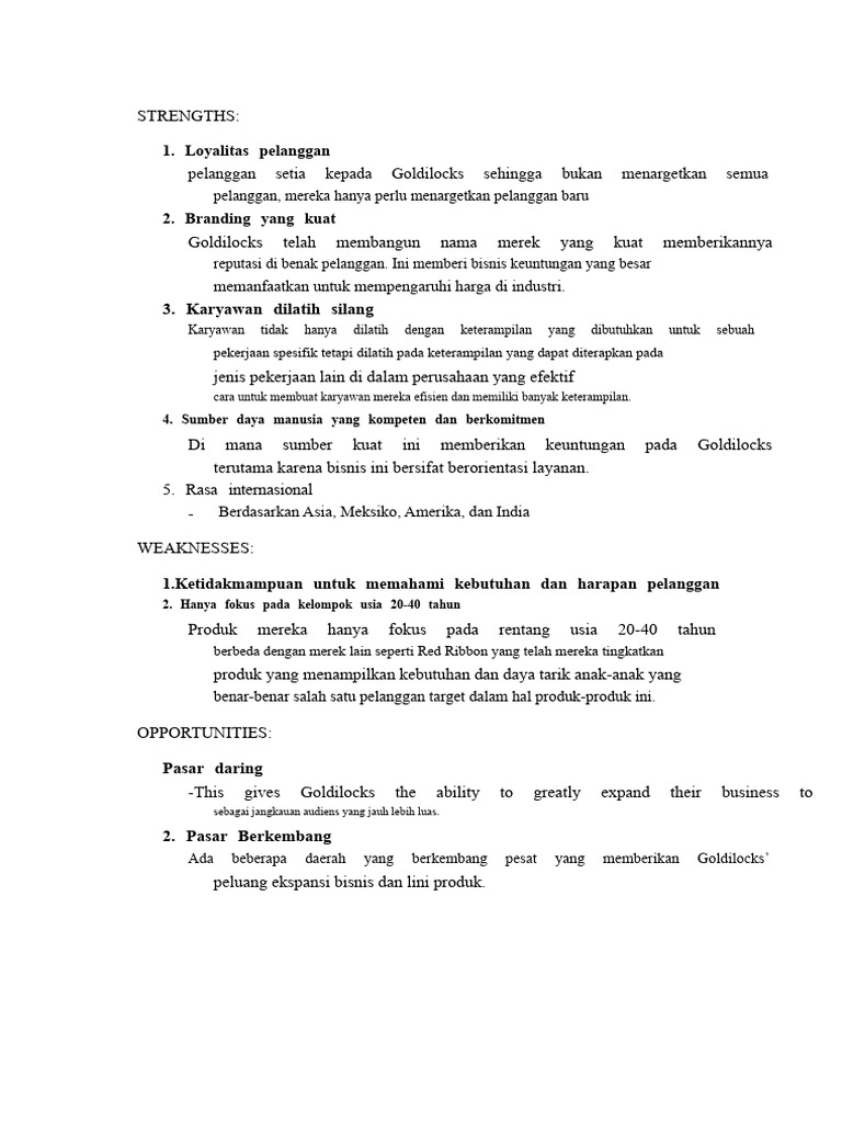 Analisis SWOT Goldilocks: Kekuatan & Peluang | PDF