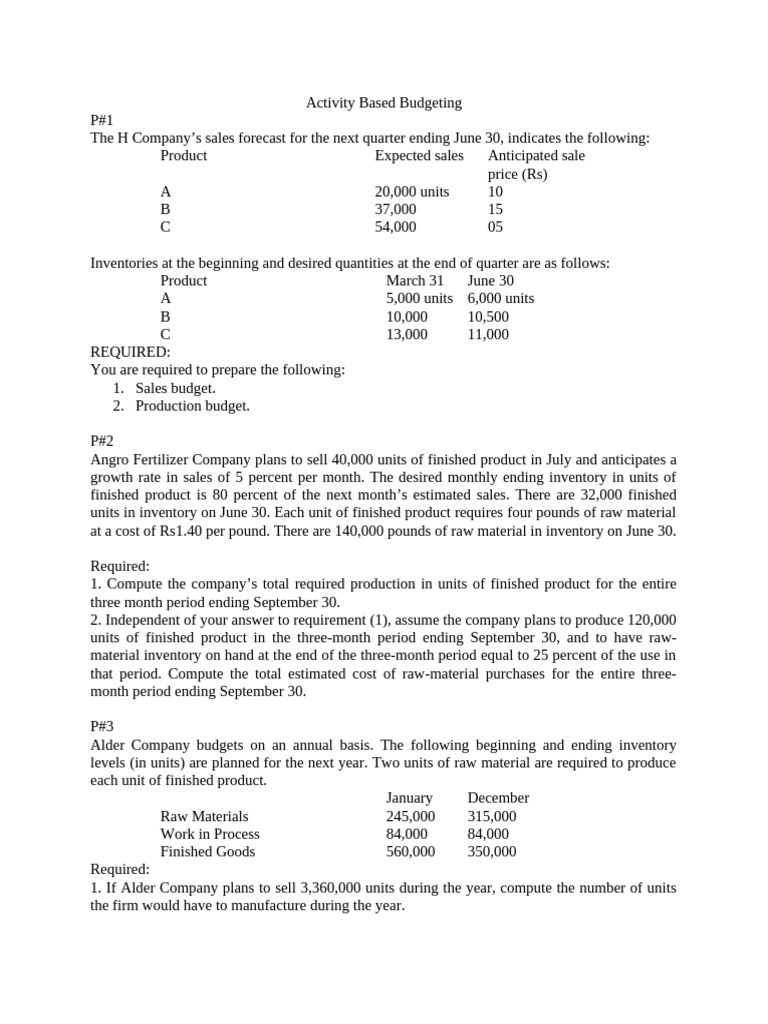 Activity Based Budgeting | PDF | Employment | Inventory