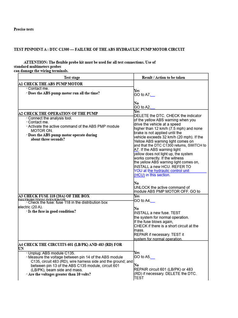 DTC c1300 - Failure of the ABS hydraulic pump motor circuit | PDF ...
