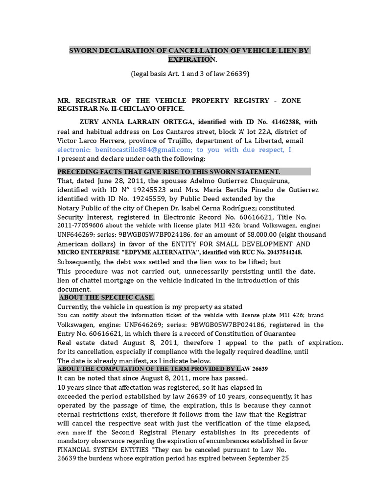 AFFIDAVIT OF CANCELLATION OF VEHICULAR LIEN DUE TO EXPIRATION | PDF ...