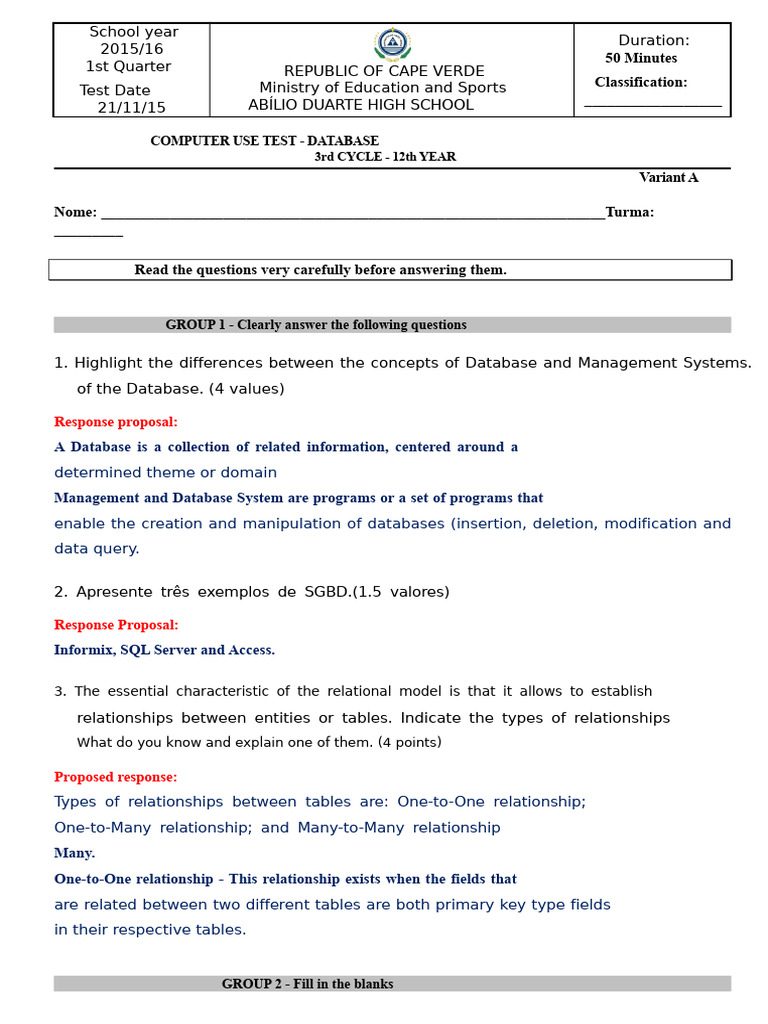 Database Management Test - 12th Year | PDF | Databases | Relational ...