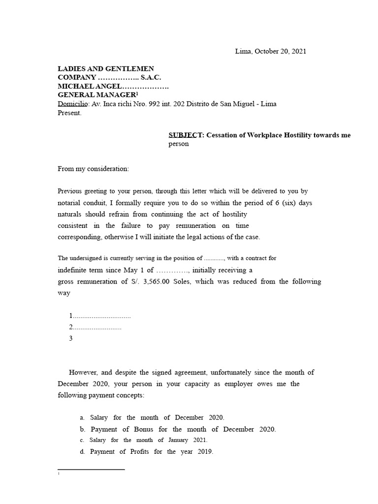 Notarial letter ceasing workplace hostility | PDF | Employment | Labor