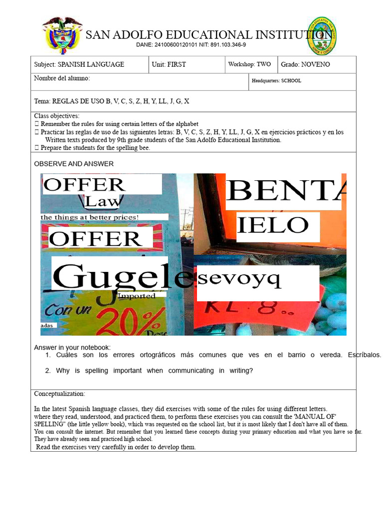 Ninth Grade Spanish Language Unit 1 Workshop 2 | PDF | Language ...