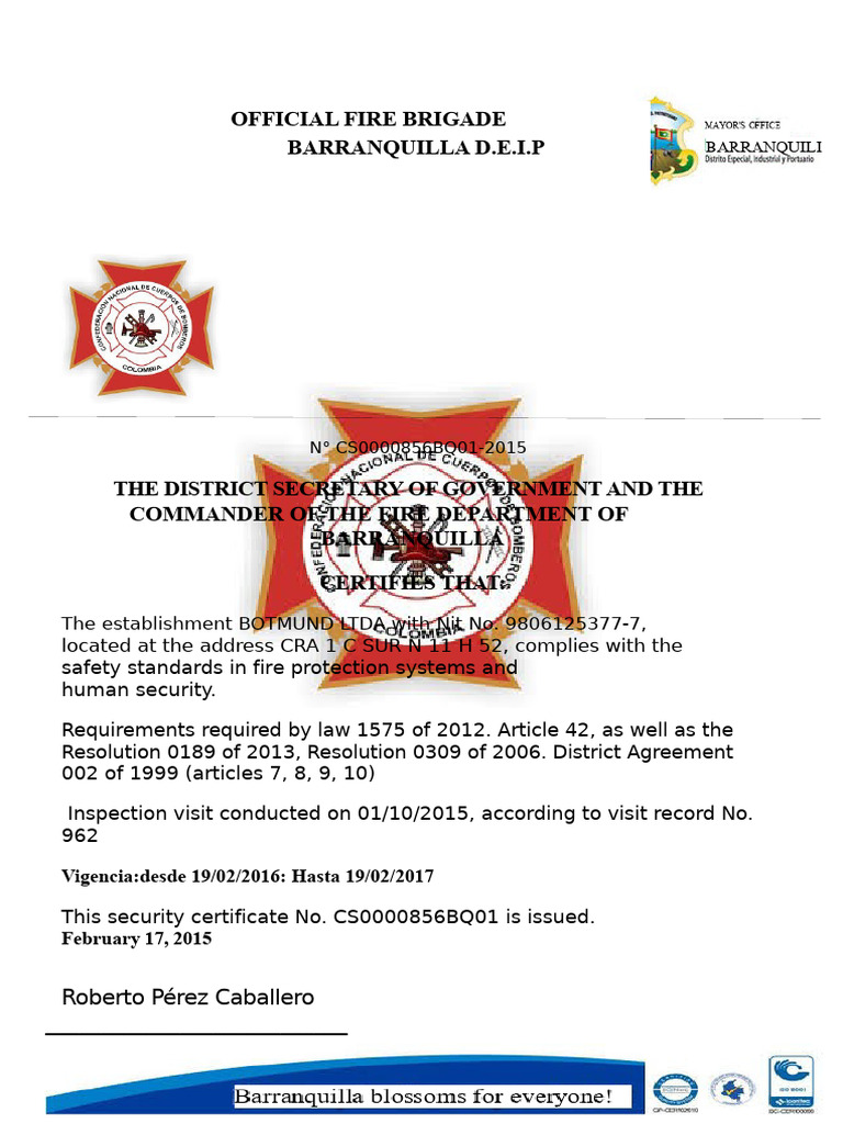 FIRE DEPARTMENT CERTIFICATE BOTMUND | PDF