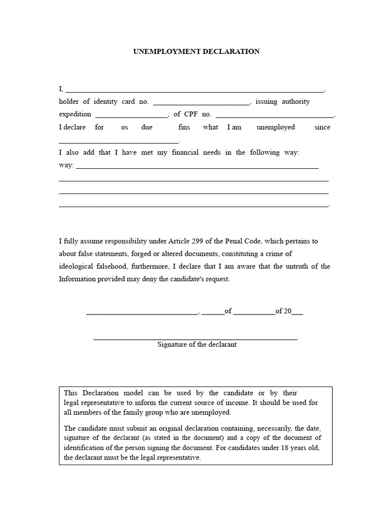 Unemployment Declaration Template | PDF