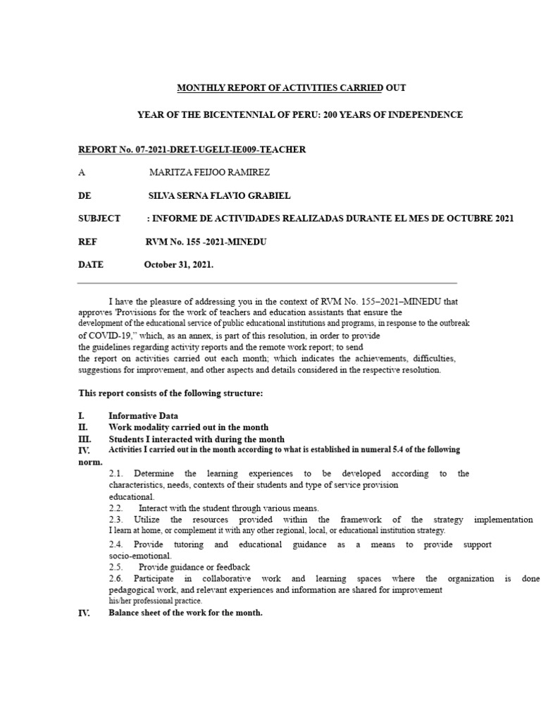 MONTHLY REPORT OF ACTIVITIES CARRIED OUT October 2021 - copy | PDF ...