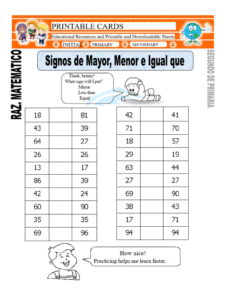 Signs of Greater and Lesser for Second Grade | PDF