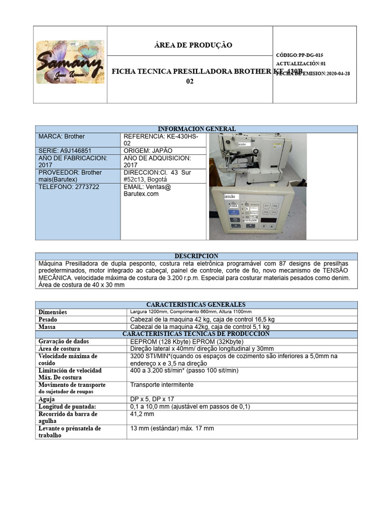 Ficha Técnica Presilladora Brother KE-430B | PDF | Eletricidade ...