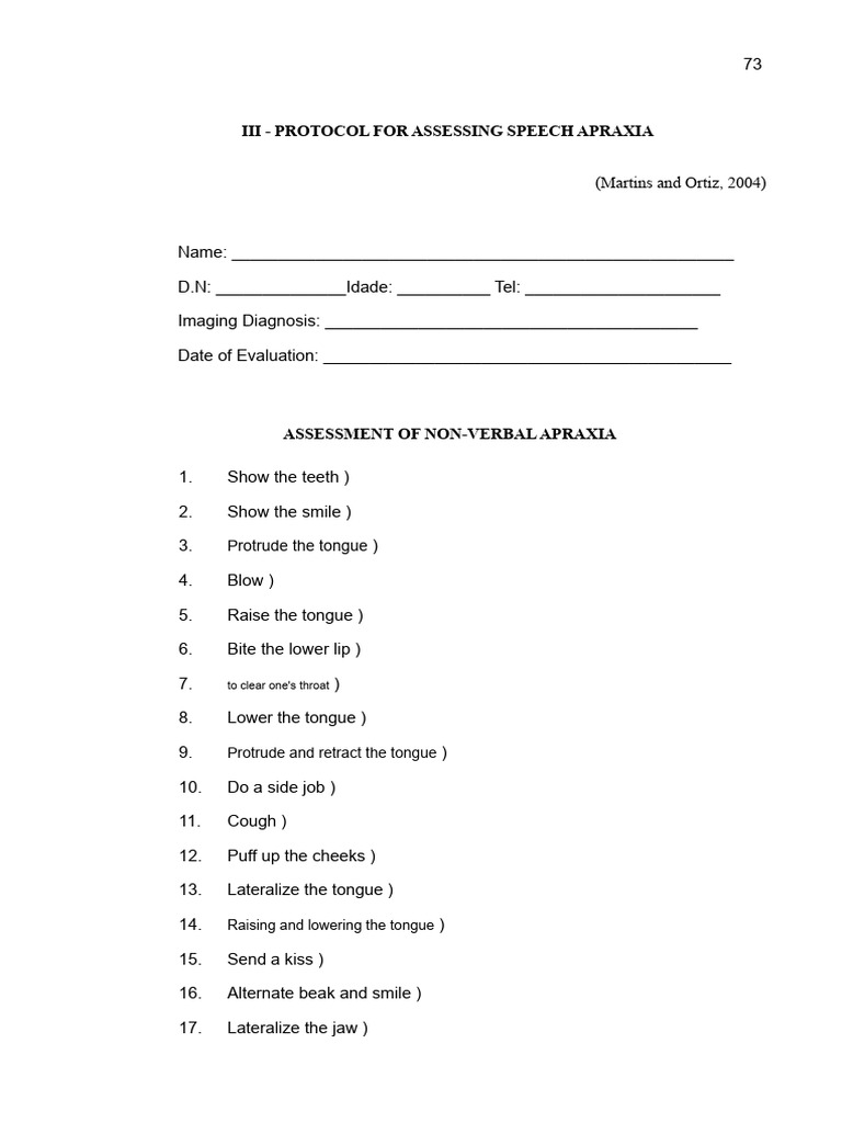 Assessment of Verbal and Non-Verbal Apraxia MARTINS and ORTIZ 2004 | PDF