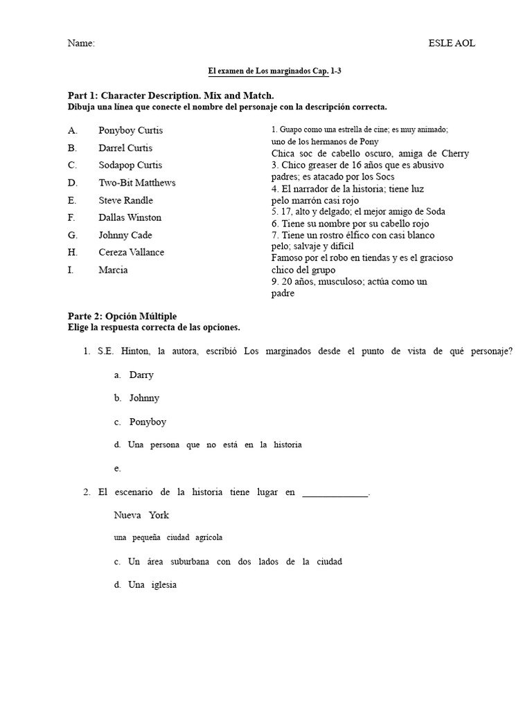 El Cuestionario de Los Capítulos 1-3 de Los Marginados | PDF ...