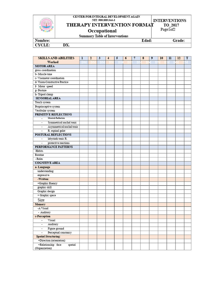 Occupational Therapy Intervention Summary | PDF | Perception | Attention