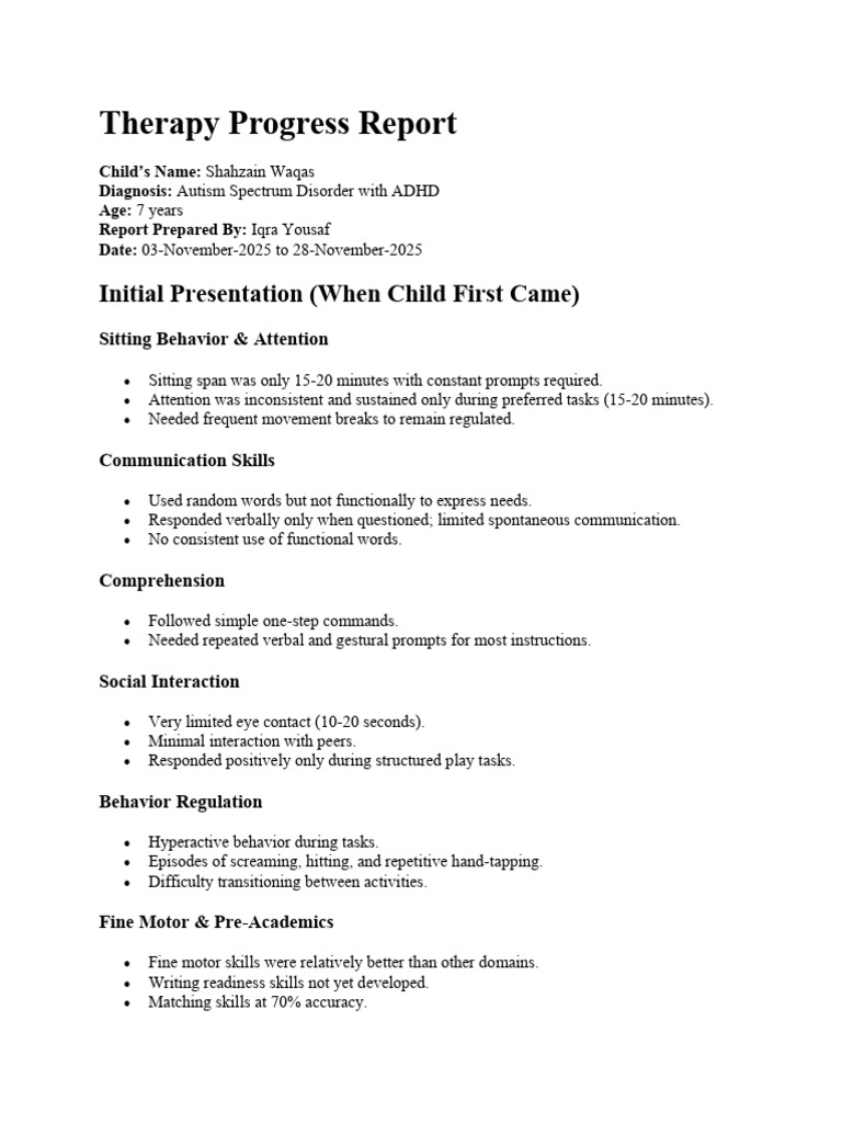 Therapy Progress Report for Autism Child | PDF | Attention Deficit ...