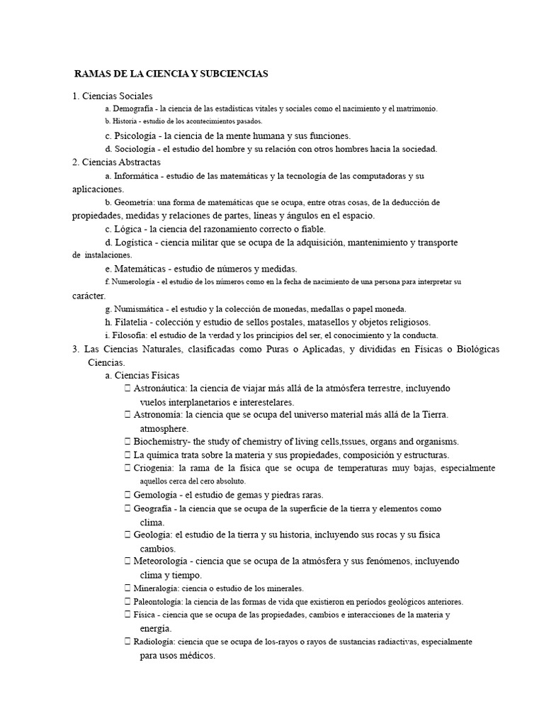 Ramas y Subciencias de la Ciencia | PDF | Science | Biología
