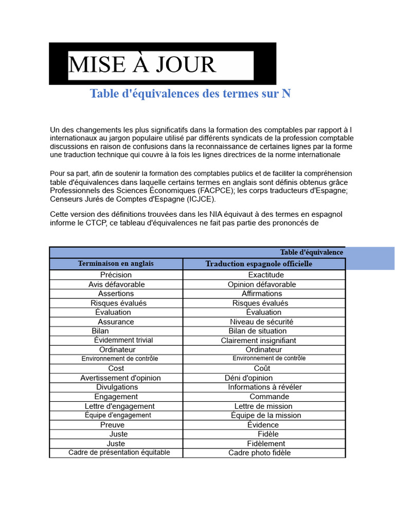 Équivalences des termes comptables NIA | PDF | Audit | Comptabilité