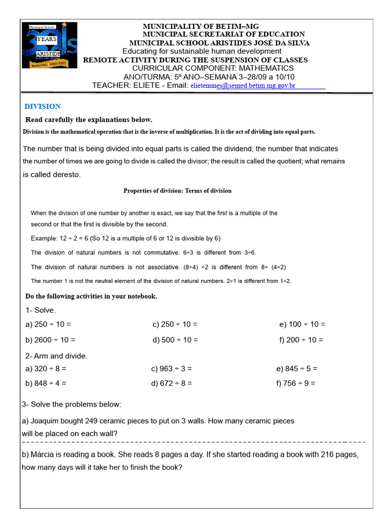 5TH GRADE - MATHEMATICS - ACTIVITY 2 | PDF | Division (Mathematics ...