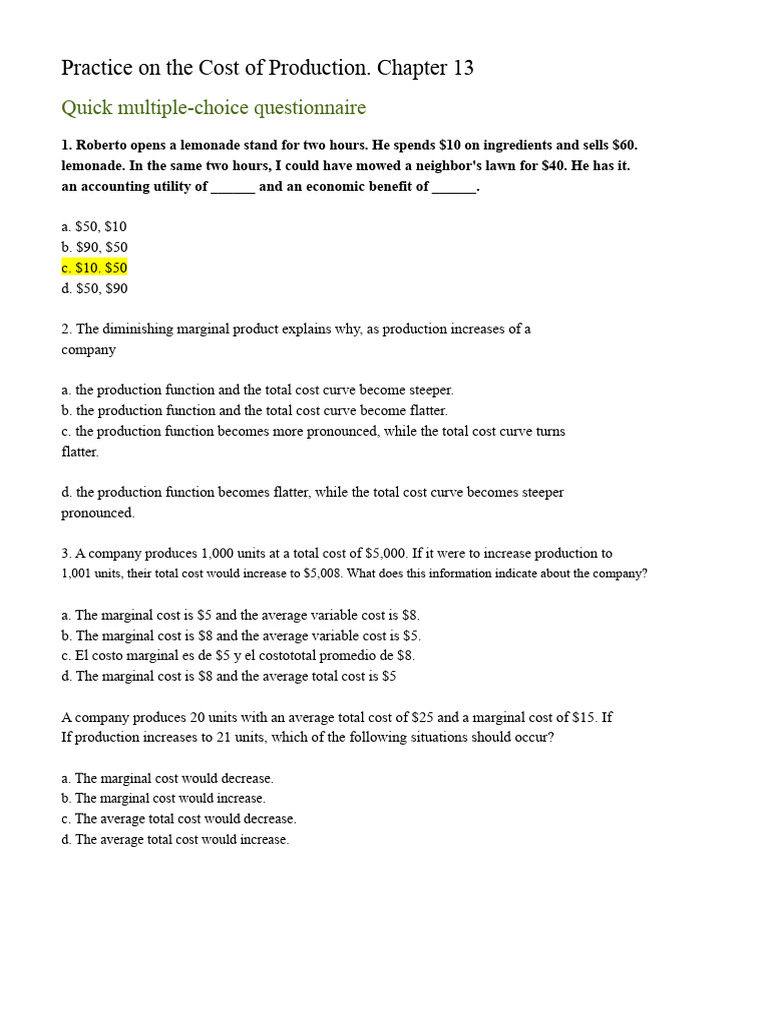 Cost of Production Practice Questions | PDF | Marginal Cost | Average Cost