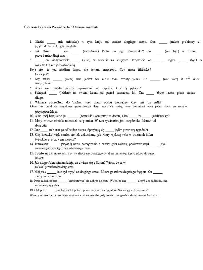 Czas Present Perfect Ćwiczenie 1 | PDF