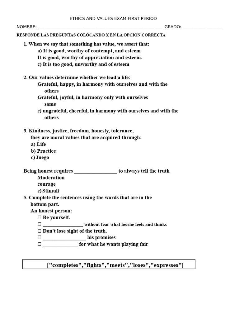 ETHICS AND VALUES EXAM FIRST PERIOD 3rd | PDF