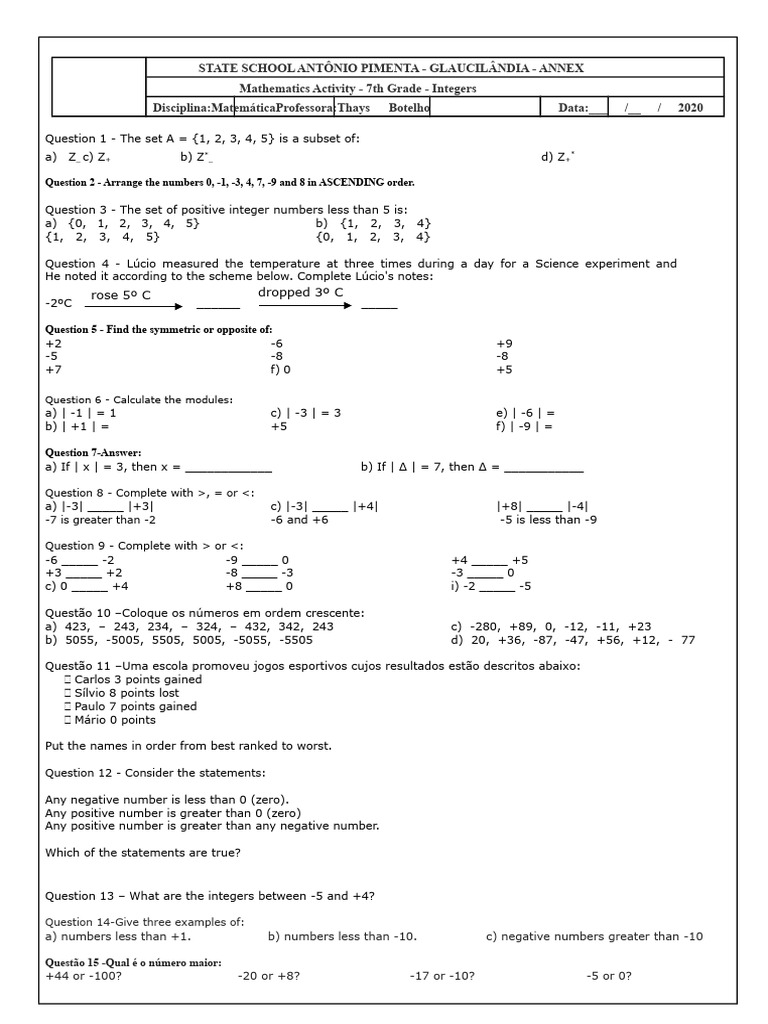 7th Grade Math: Integers Activities | PDF | Numbers | Mathematics