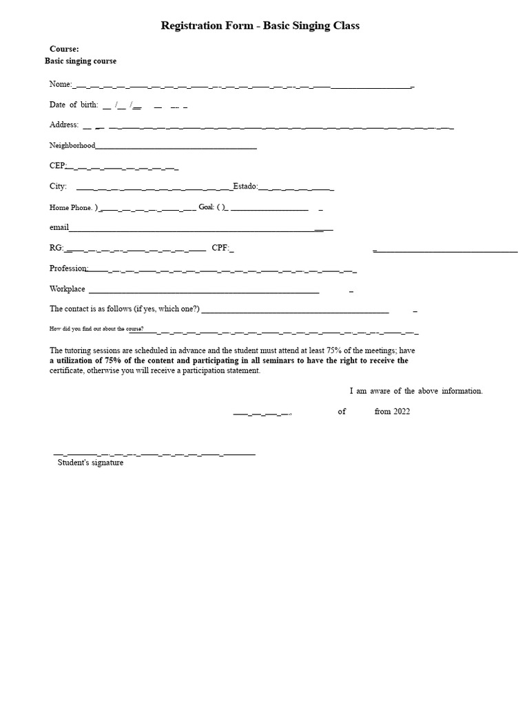 Basic Singing Class Registration Form | PDF