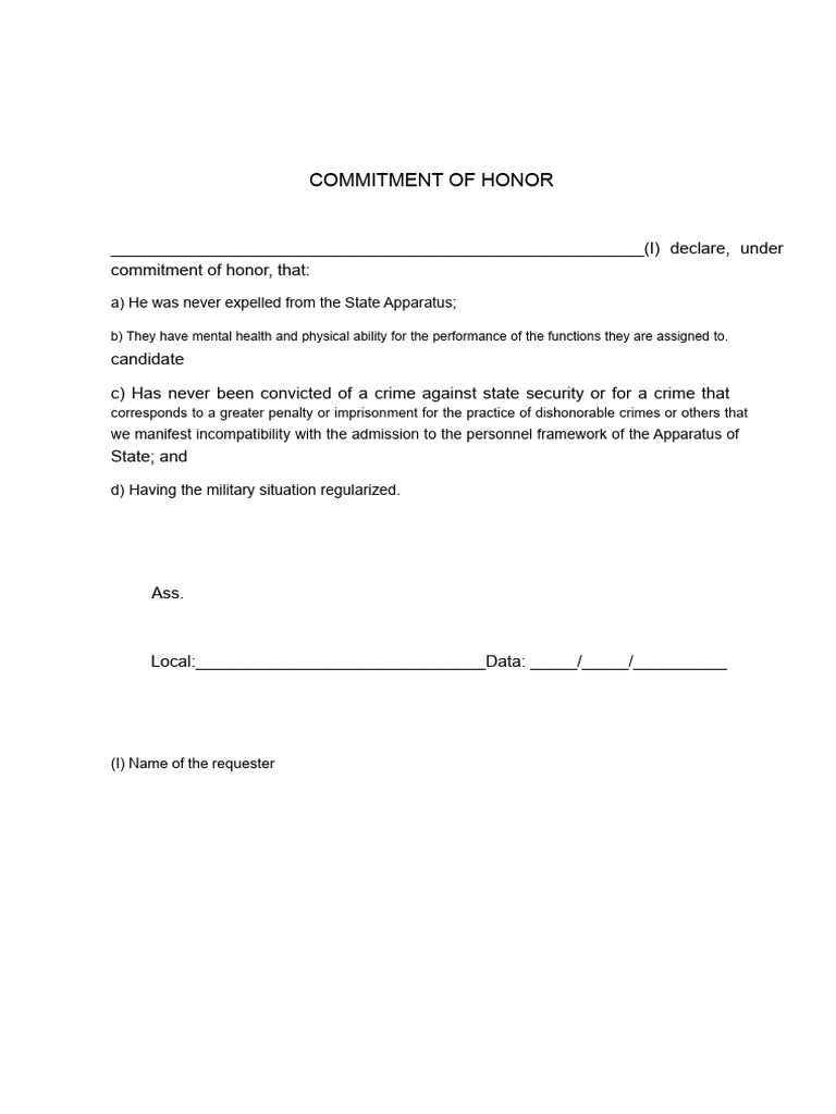Honor Commitment Declaration Template PDF | PDF