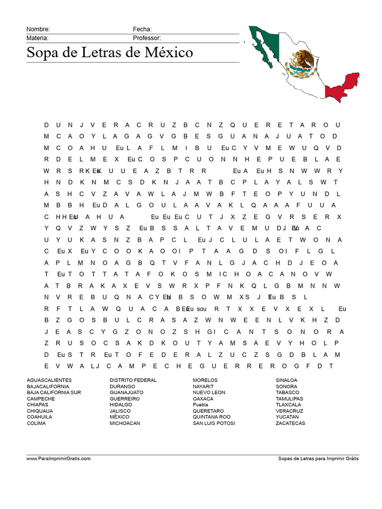 Sopa de Letras: Estados de México | PDF