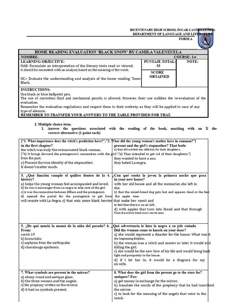 2.- Black Snow Test FORM A WITHOUT Keys | PDF | Multiple Choice