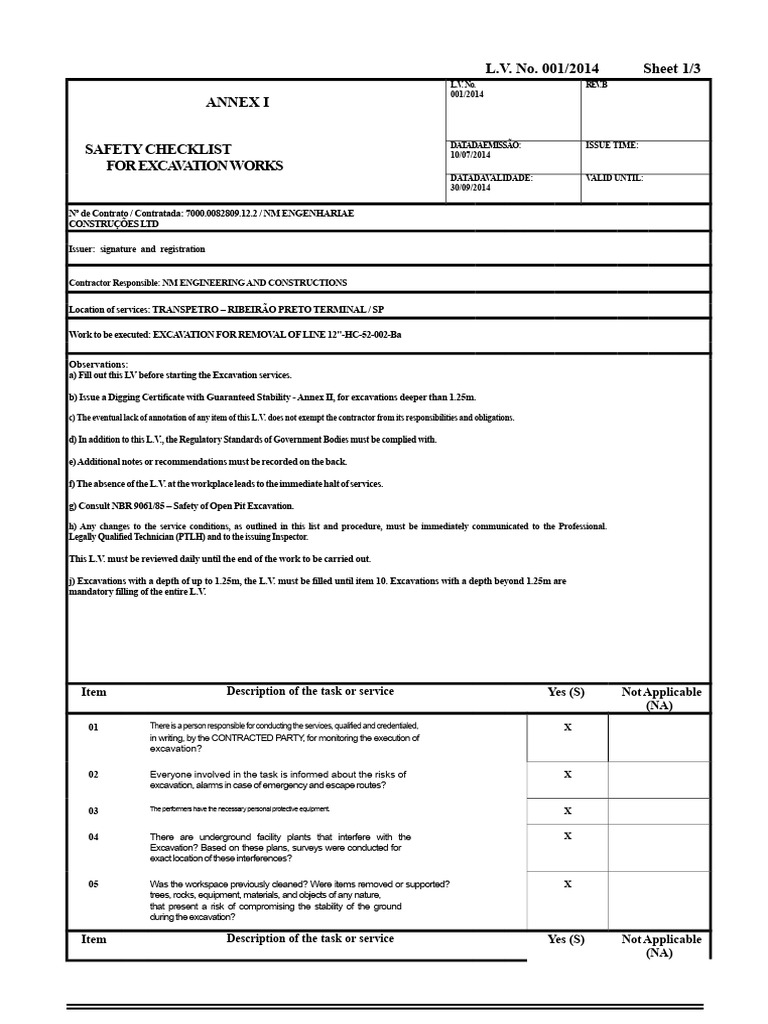 ANNEX I_Safety Checklist for Excavation Work | PDF