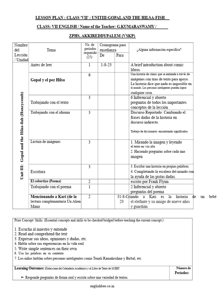 Plan de Lección de la Unidad 3 de 7mo Grado de Inglés | PDF ...