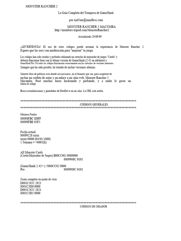 CÓDIGOS DE MONSTER RANCHER 2 | PDF