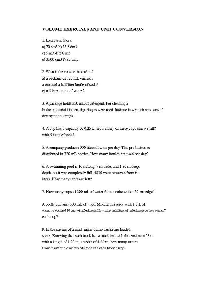 Volume Exercises and Unit Conversion Guide | PDF | Litre | Volume