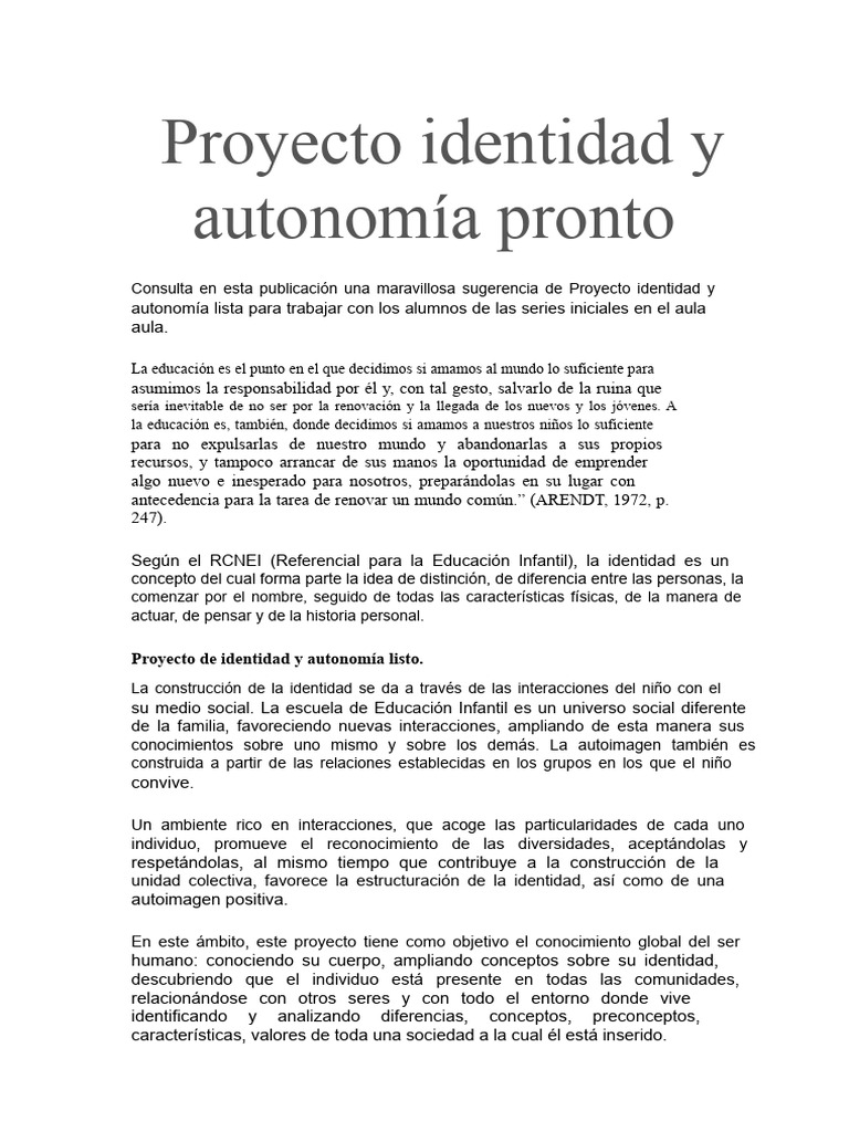 Proyecto de Identidad y Autonomía Infantil | PDF | Educación de la ...