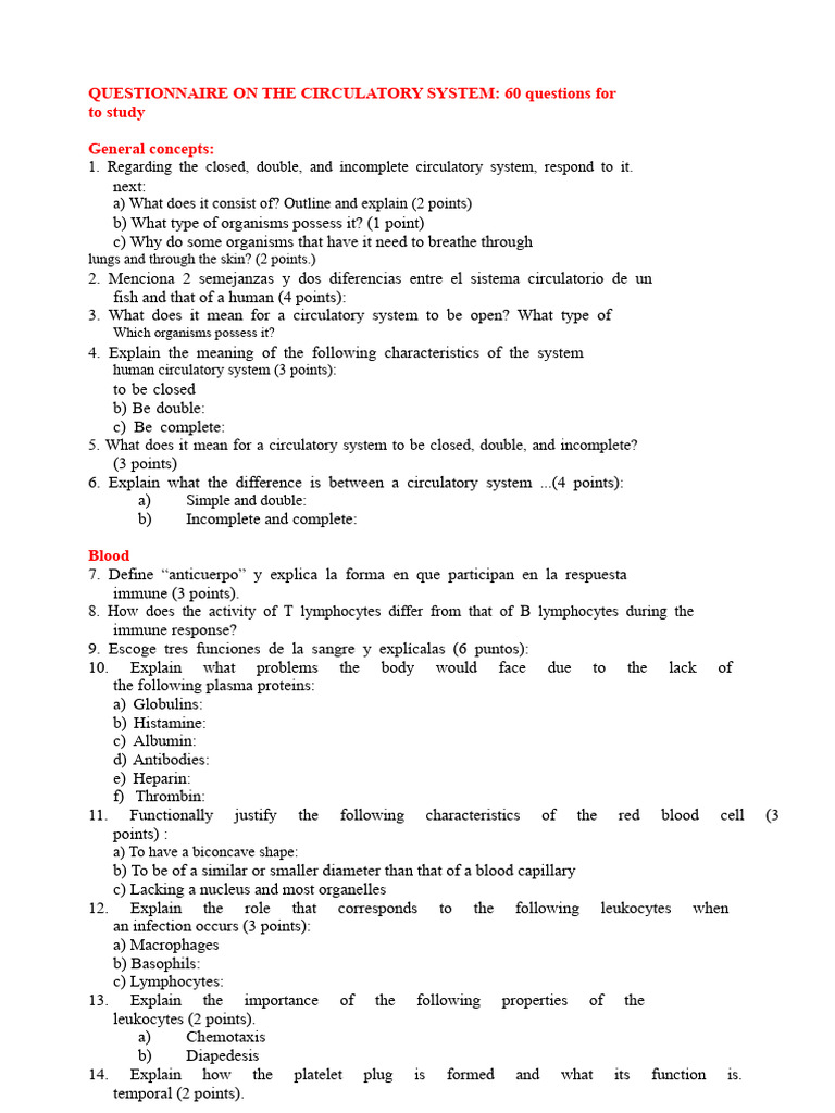 Circulatory System Questionnaire | PDF | Circulatory System | Artery
