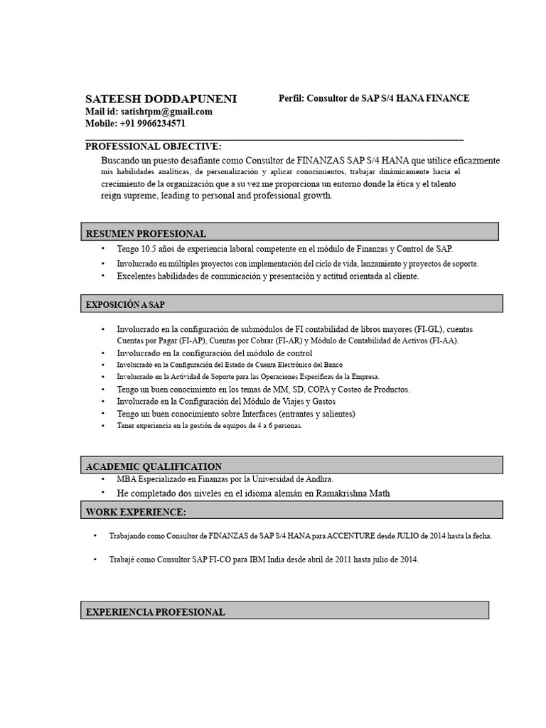 Sateesh CV SAP S4 HANA Finanzas | PDF | Business | Industrias de servicio